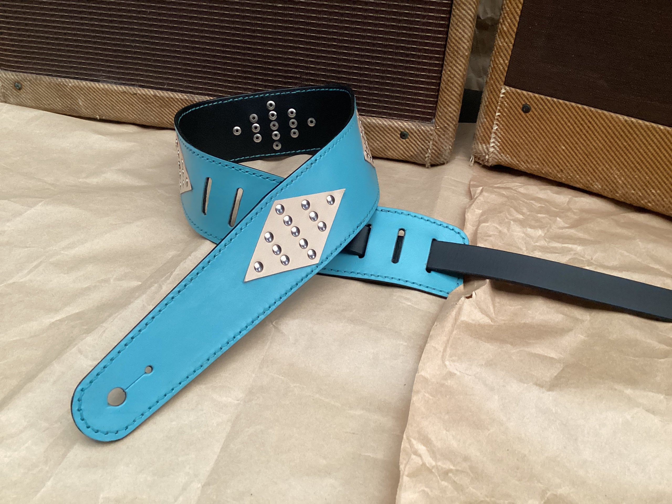Sky Blue Kangaroo leather Hand stitched guitar | Bunkhouse straps