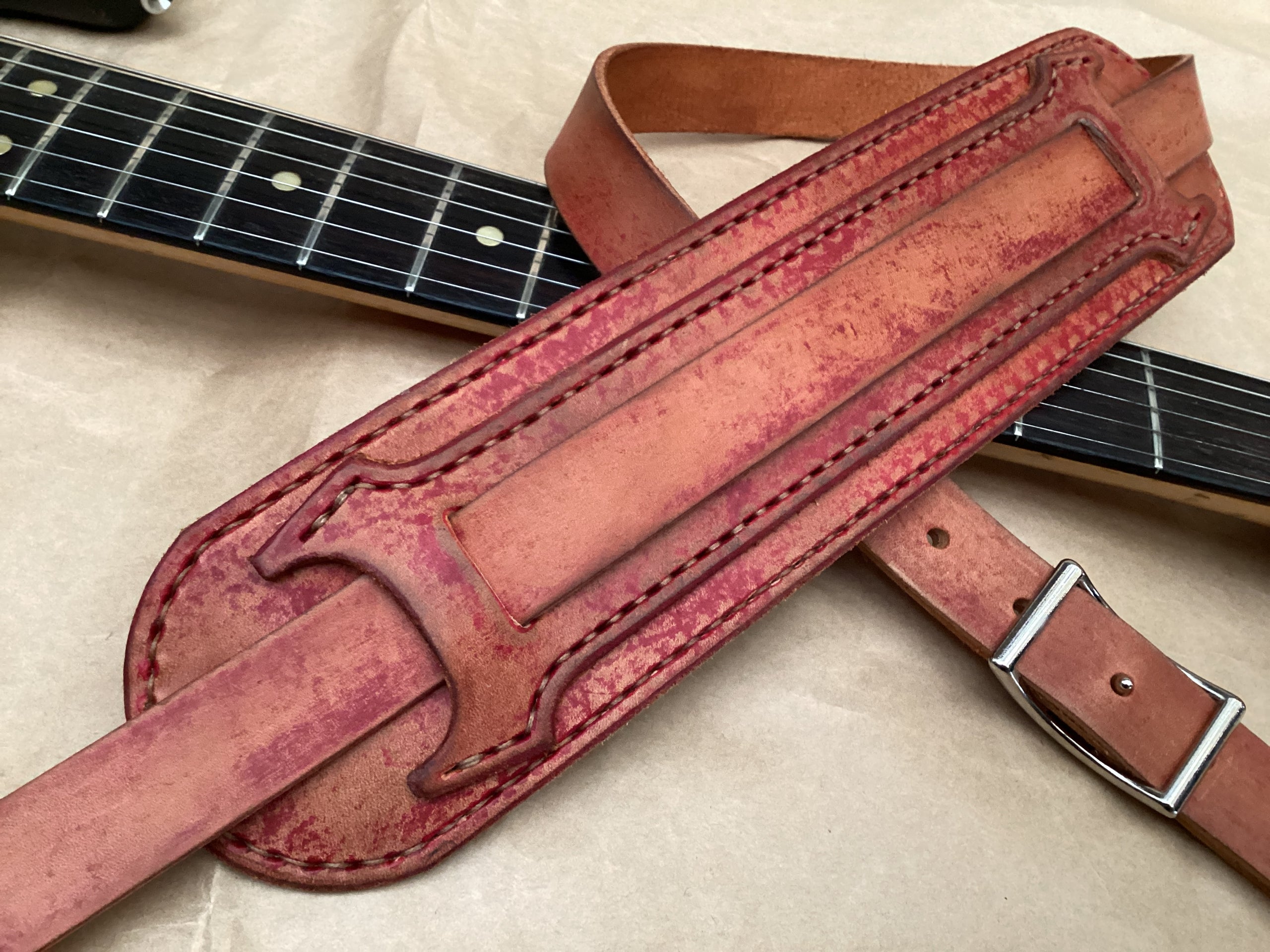 Brutal Red relic leather guitar strap Hand stitched | Bunkhouse straps