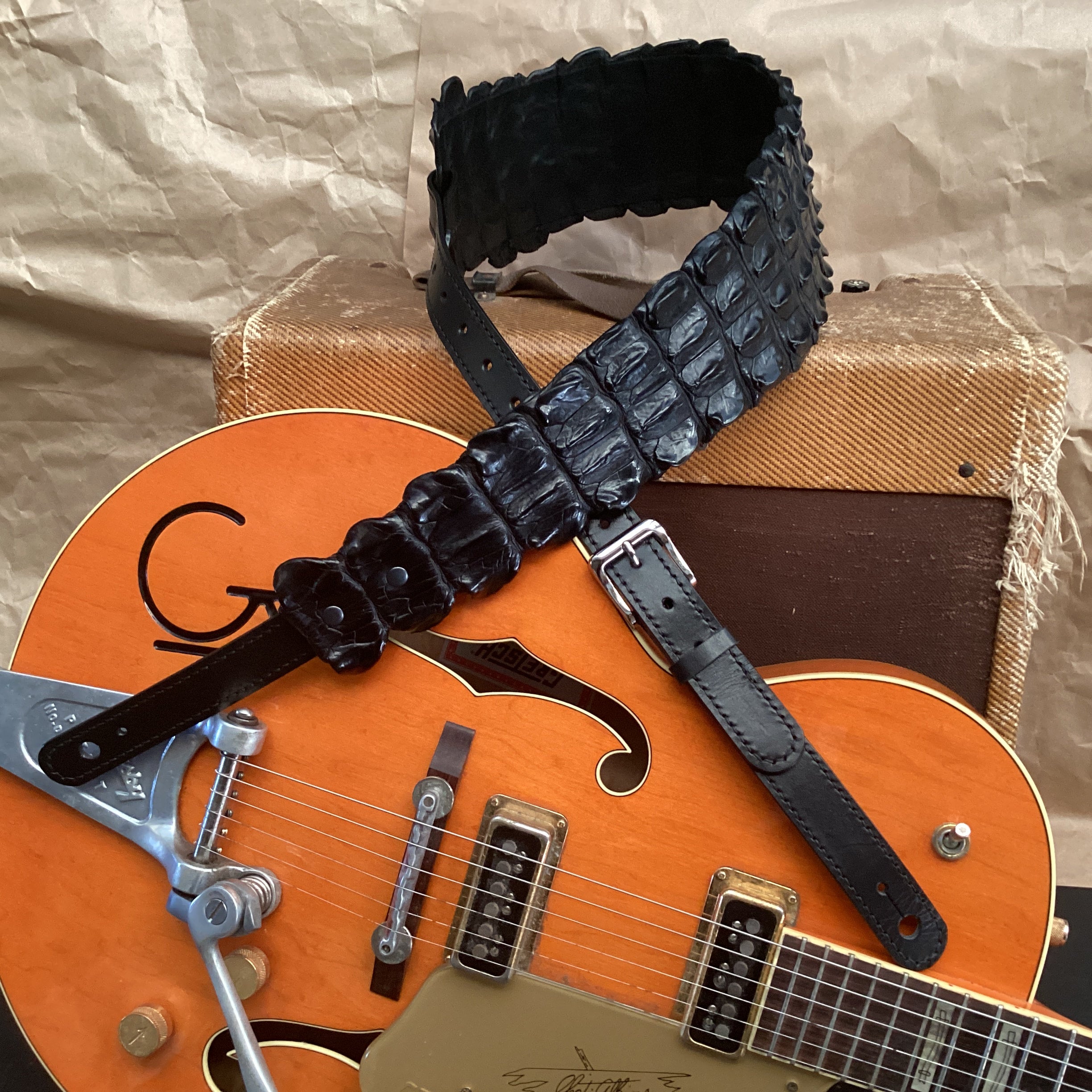 Croc leather guitar strap body with kangaroo leather hand stitched ...